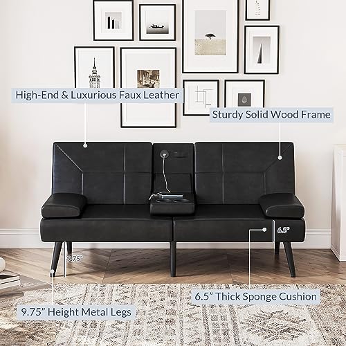 BELLEZE Futon Sofa Bed, Comfy Couch Convertible Sofa Bed with 2 USB Ports, Removable Armrests and Adjustable Backrest, Modern Loveseat Sofa for Living Room, Small Space - Madison (Black Faux Leather)