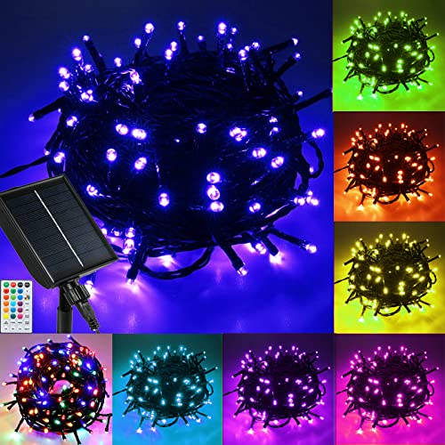 OYCBUZO 100LED Colorful Solar Outdoor String Lights, 33FT 18 Color Changing Christmas Lights with Remote, Waterproof Solar Powered Xmas Tree Lights for Holiday Garden Yard Outdoor Party Spring Decor