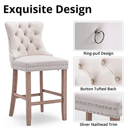 i-POOK Counter Height Bar Stools Set of 4, Velvet Upholstered Barstools with Button Tufted, Nailheads Trim and Solid Wood Legs, Full Back Bar Chairs for Kitchen Island Dining Room Pub Cafe, Beige
