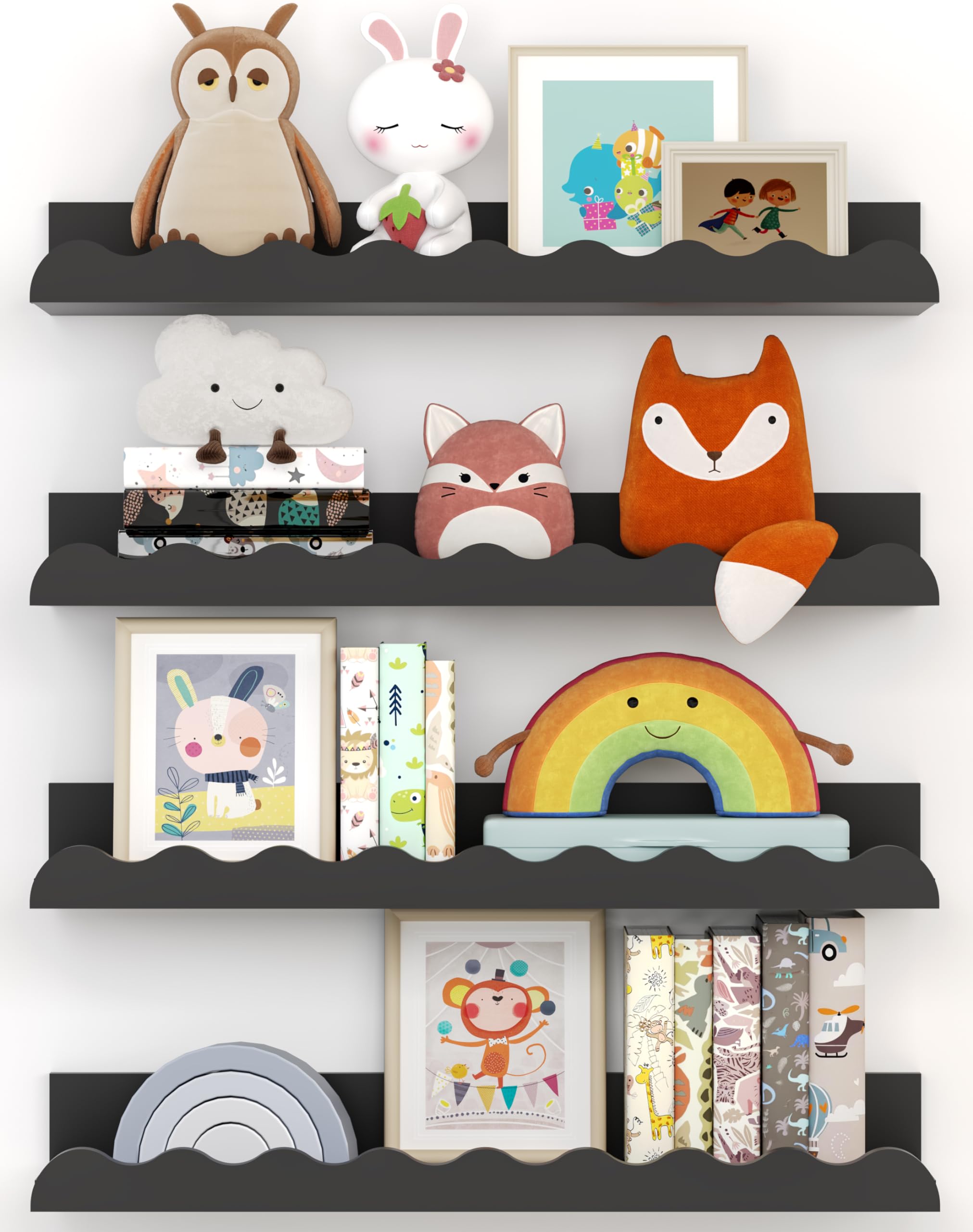 Kids' Bookshelf Set of 4 - Black Floating Nursery Book Shelves, Picture Ledge Shelf for Wall Decor and Storage - Perfect for Books, Toys, Photo Frames, and Nursery Décor