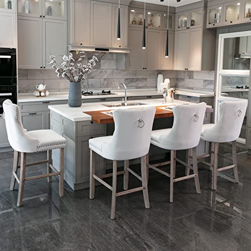 i-POOK Counter Height Bar Stools Set of 4, Velvet Upholstered Barstools with Button Tufted, Nailheads Trim and Solid Wood Legs, Full Back Bar Chairs for Kitchen Island Dining Room Pub Cafe, Beige