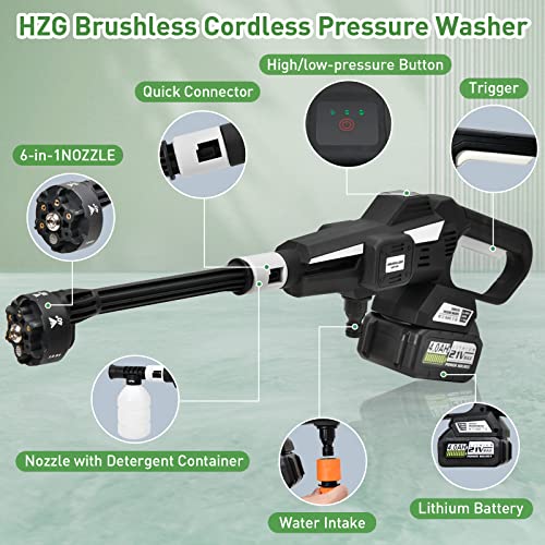 HZG Cordless Pressure Washer, Brushless Portable Pressure Washer,3 Adjustable Levels with 6-in-1 Nozzle,Max 950 PSI, 2× 21V 4.0Ah Rechargeable Battery for Car,Fence,Floor Cleaning & Watering,Black