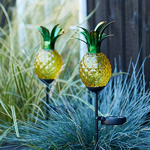 Lights4fun, Inc. Set of 2 Glass Pineapple Solar Powered LED Outdoor Waterproof Garden Pathway Landscape Lights
