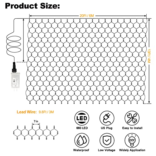 20ft x 13ft Christmas Net Lights Outdoor Mesh Lights - 660 LED Waterproof 8 Modes Remote Timer Dimmable Ceiling Fairy Blanket Lights Plug In for Canopy Roof Wall Bush Lawn Yard Garden (Warm White)