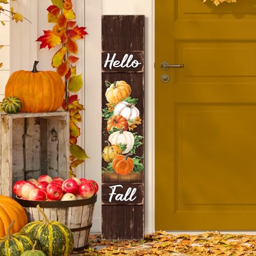 Dandat Fall Porch Sign Wooden Pumpkin Hanging Porch Decor Autumn Vertical Thanksgiving Welcome Signs for Front Porch Rustic Pumpkin Decoration Outdoor Standing for Home Yard, 42(Warm Color)