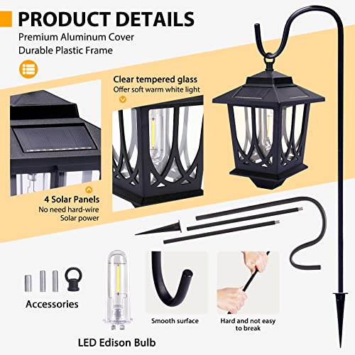 37.4 Inch 2 Pack Metal Hanging Solar Pathway Lights 20 Lumen, Aluminum Solar LED Lights Anti-Frost Waterproof with 2 Shepherd Hooks Outdoor Decorative,Edison LED Bulb