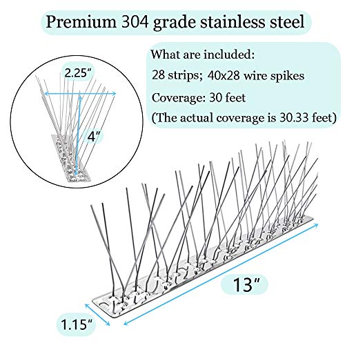 PANGCH Bird Spikes for Pigeons Small Birds,Stainless Steel Bird Spikes -No More Bird Nests & Poop-Disassembled Spikes 28 Strips 30.33 Feet Coverage