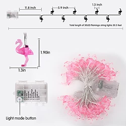 Battery String Lights Pink Crystal Flamingo Lights 30.5ft 60 LED Waterproof Outdoor String Lights, 8 Lighting Modes Battery Twinkle Lights, Patio Garden Wedding Christmas Flamingo Party Decorations