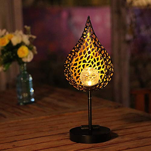 Garden Solar Figurine Table Lights Outdoor Drip Shape Crackle Glass Globe Vintage Metal Lights,Solar Outdoor Lantern Waterproof Warm White LED for Lawn,Patio or Courtyard (Bronze)
