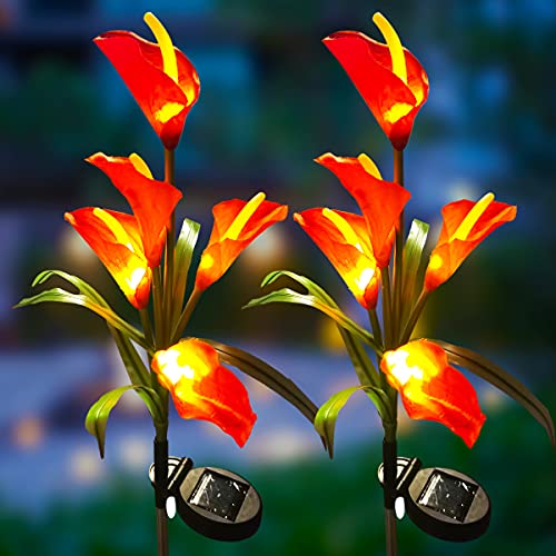 Veesee Solar Garden Stake Lights, 2 Pack Solar Powered Calla Lily Lights Multi-Color Changing LED Lily, Christmas Gift, Solar Powered Lights for Patio, Lawn, Garden, Yard, Grave Decoration-Red