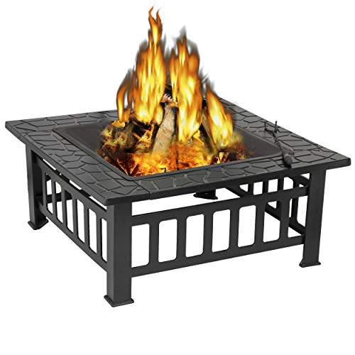 Nouva 32'' Outdoor Firepit Square Fire Pit Table with Waterproof Cover Wood Burning for Outside Backyard,Garden, Patio, Terrace,Camping,Barbecue