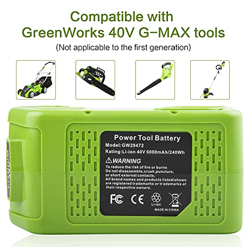 2 Pack 29472 6000mAh 40V Lithium Battery Replacement for GreenWorks 40V 29472 29462 2901319 24282 24252 21332 25322 20672 2101602 20312 24322 21362 26272 Batteries for Cordless Power Tools