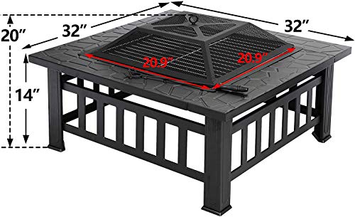 Nouva 32'' Outdoor Firepit Square Fire Pit Table with Waterproof Cover Wood Burning for Outside Backyard,Garden, Patio, Terrace,Camping,Barbecue