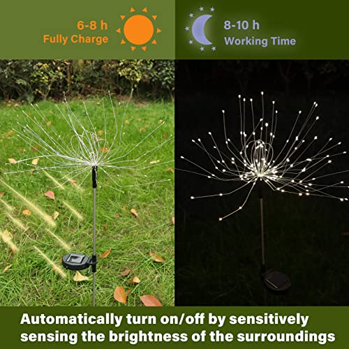 Romdecyn 4Pack Outdoor Solar Garden Lights,150 LED Copper Wire 2 Lighting Modes Fireworks Solar Pathway Lights Outdoor Waterproof,for Patio Party Holiday Wedding DIY Pathway Decoration(White)