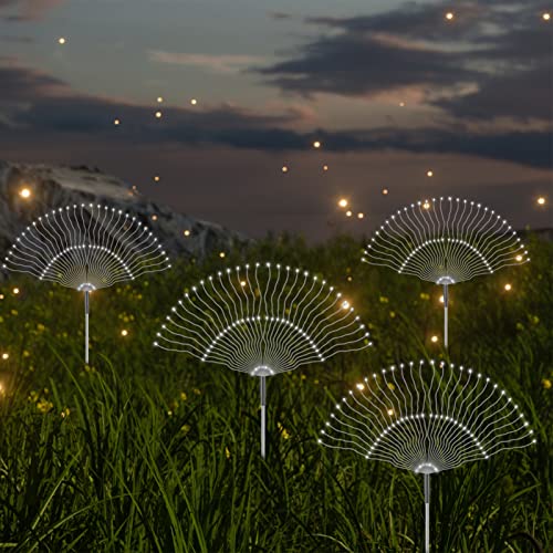 Romdecyn 4Pack Outdoor Solar Garden Lights,150 LED Copper Wire 2 Lighting Modes Fireworks Solar Pathway Lights Outdoor Waterproof,for Patio Party Holiday Wedding DIY Pathway Decoration(White)