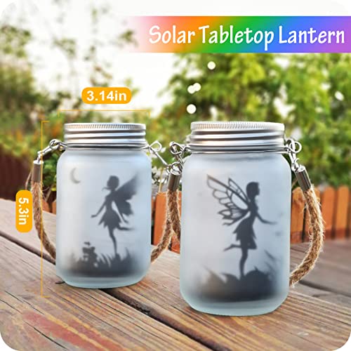 Alritz 2 Pack Solar Lantern Fairy Lights, Garden Ornament Lights - Outdoor Hanging Frosted Glass Mason Jar Lights for Tree, Table, Yard, Garden, Patio, Lawn (Blue)