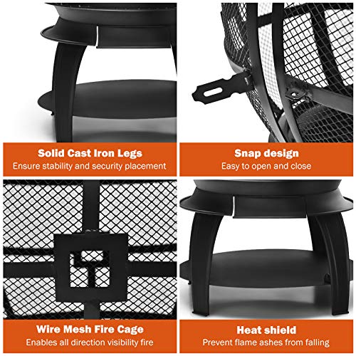 Giantex Wood Burning Chiminea, Heavy Duty Fireplace Chimenea Wooden Fire Pit with 2-Piece Log Grate, Premium Rain Cap & Fire Poker, 360°Fire Retardant Mesh Cover, Ideal for Garden, Patio, Backyard