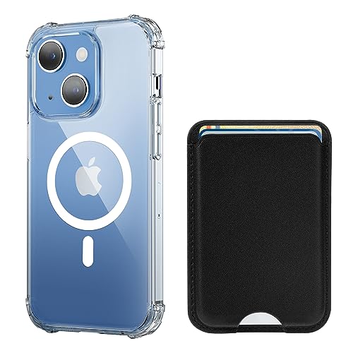 Dlinda 2-in-1 Compatible with iPhone 15 Magnetic Case Clear with Card Holder Leather, Compatible with Magsafe Wallet Case, Yellow Resistant & MIL-Grade Drop Tested, Midnight Black