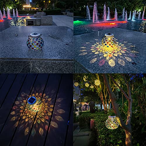 Solar Powered Mosaic Glass Garden Light, Outdoor LED Ball Solar Table Lights, Rechargeable Solar Outdoor Lights for Patio, Countryyard, Yard, Party Decorations (Warm White)