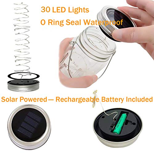 Aikeve Solar Mason Jar Lights,4 Pack 30 Led Starry Fairy String Hanging Jar Lights,Solar Lanterns for Outdoor Patio Party Garden Wedding Christmas Decorations Lights(Mason Jars/Handles Included)