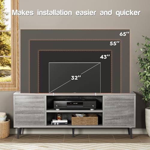 YESHOMY Modern TV Stand for 65" Television, Entertainment Center with Two Storage Cabinets, Retro Style Media Console for Living Room, Bedroom, Office, 58 Inch, Light Gray