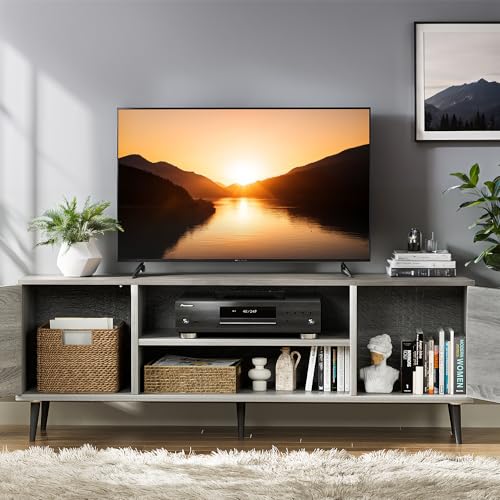 YESHOMY Modern TV Stand for 65" Television, Entertainment Center with Two Storage Cabinets, Retro Style Media Console for Living Room, Bedroom, Office, 58 Inch, Light Gray