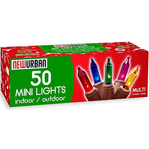 50 Christmas Mini Lights Set - 12.3 ft / 3.7 m - 120V - Multicolor Bulbs - Brown Wire - End to End - Decor Lights for Patio Garden Wedding Holiday Christmas Tree - Indoor and Outdoor Decorative Use