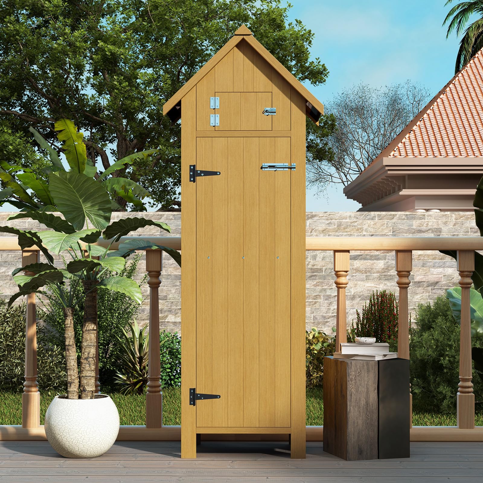 Patiowell Outdoor Storage Cabinet, Wooden Garden Shed with Waterproof Roof and Lockable Doors, Outside Vertical Tall Tool Shed for Graden Yard, Natural Wood
