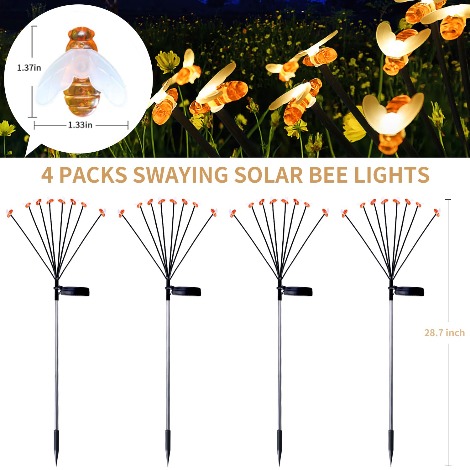 4 Pack 48 LED Solar Firefly Lights, Solar Bee Garden Lights with 2 Lighting Mode, Upgraded Solar Panel, Swaying Waterproof Walkway Lights for Outdoor Garden Yard Lawn Fence