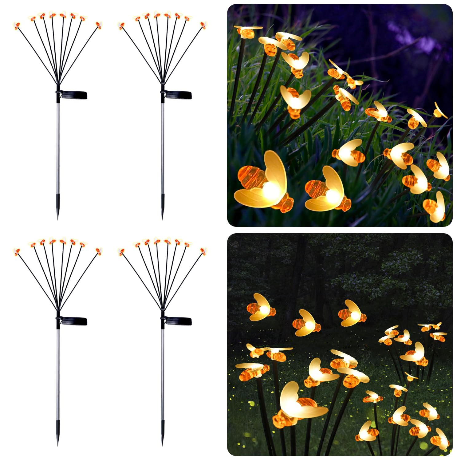 4 Pack 48 LED Solar Firefly Lights, Solar Bee Garden Lights with 2 Lighting Mode, Upgraded Solar Panel, Swaying Waterproof Walkway Lights for Outdoor Garden Yard Lawn Fence