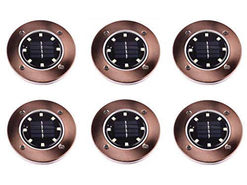 Solar Ground Lights 8 LED Disk Light Solar Powered Outdoor in-Ground Lights for Garden Driveways Lawn Yard Driveway Walkway Pool Patio Deck Pathway,6 Pack,White,Copper/Bronze Finish