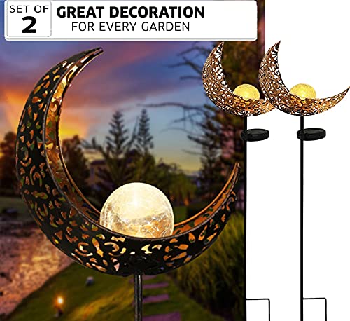 XVZ Solar Moon Crackle Glass Globe Stake Metal Lights, 2 Pack Solar Powered Garden Decorations,Waterproof Outdoor Decorations for Walkway,Pathway,Lawn,Lawn,Patio or Courtyard