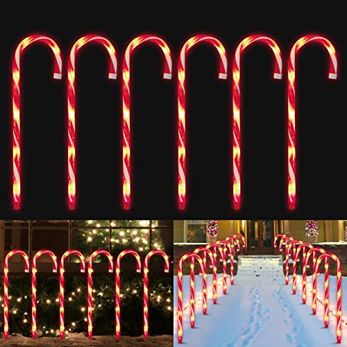 GLOWNOVA 12 Pack 16.5'' Christmas Candy Cane Pathway Markers, Xmas Pathway Lights Outdoor with 70 Warm White Lights for Walkway Garden Lawn Holiday Decorations