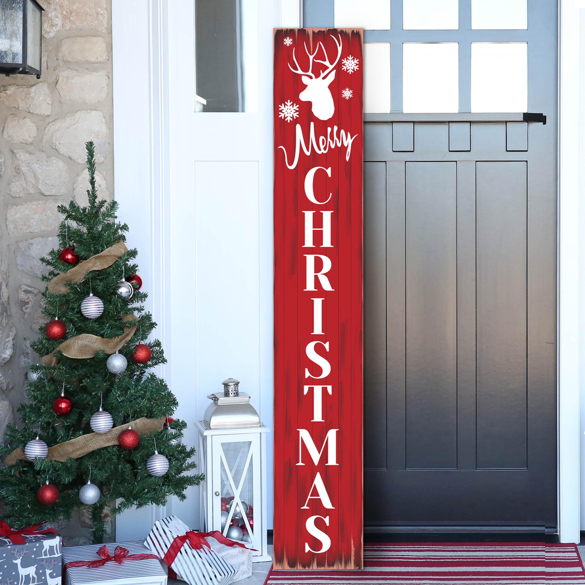 Merry Christmas Welcome Sign for Front Porch Standing, Snowflake Elk Wooden Porch Sign for Xmas Front Door Decorations, Rustic Farmhouse Red Hanging Signs Wall Sign for Christmas Happy New Year Decor