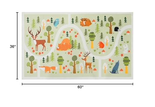 Kids Area Rug Jungle Animal Road Play Mat, with Bears Deer Fox Trees Educational Learning Game Non Slip Carpet, for Bedrooms Playroom Living Room Classroom, 3x5