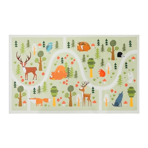 Kids Area Rug Jungle Animal Road Play Mat, with Bears Deer Fox Trees Educational Learning Game Non Slip Carpet, for Bedrooms Playroom Living Room Classroom, 3x5