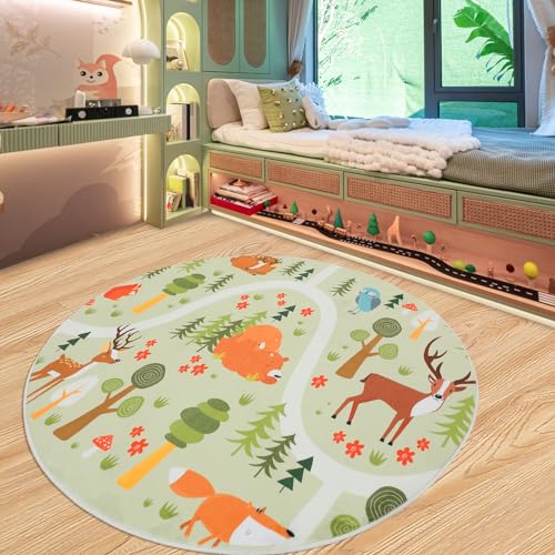 Kids Area Rug Jungle Animal Road Play Mat, with Bears Deer Fox Trees Educational Learning Game Non Slip Carpet, for Bedrooms Playroom Living Room Classroom, 3x5