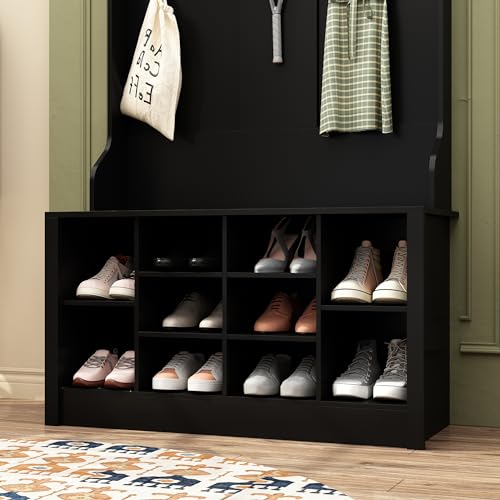 Homsee Modern Hall Tree with Storage Bench, 4-in-1 Entryway Bench with Coat Rack, Tall Hall Tree with 7 Metal Hooks, Shelves & 10 Cubes for Hallway, Living Room, Black (39.4”L x 15.7”W x 68.5”H)
