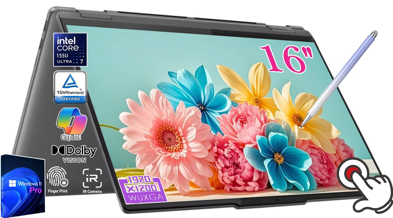 Lenovo 2024 Yoga 7i 2-in-1 Slim Laptop, 16" WUXGA Touchscreen, Ultra 7 155U (Beats i7-1335U), Backlit KB, FP Reader, Thunderbolt 4, TÜV, Win11Pro, w/AI Copilot & Stylus Pen(16GB RAM|1TB SSD)