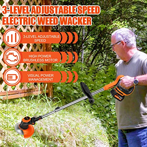 Brushless Motor Weed Eater, 3 Level Adjustable Speed Electric Weed Wacker Cordless Trimmer with Power Display, Portable Battery Powered Rechargeable Home Lawn Mower for Garden, Lawn, Yard