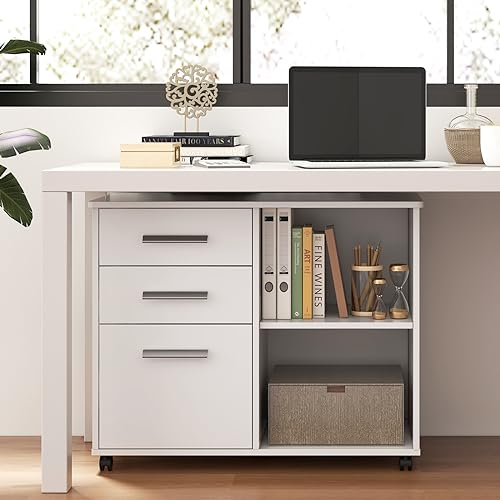 Giantex 3-Drawer File Cabinet for Office - Home Mobile Lateral Filing Cabinet with Hanging Bars, Open Storage Shelves, 5 Universal Wheels, Printer Stand for Letter Size Storage Cabinet (White)