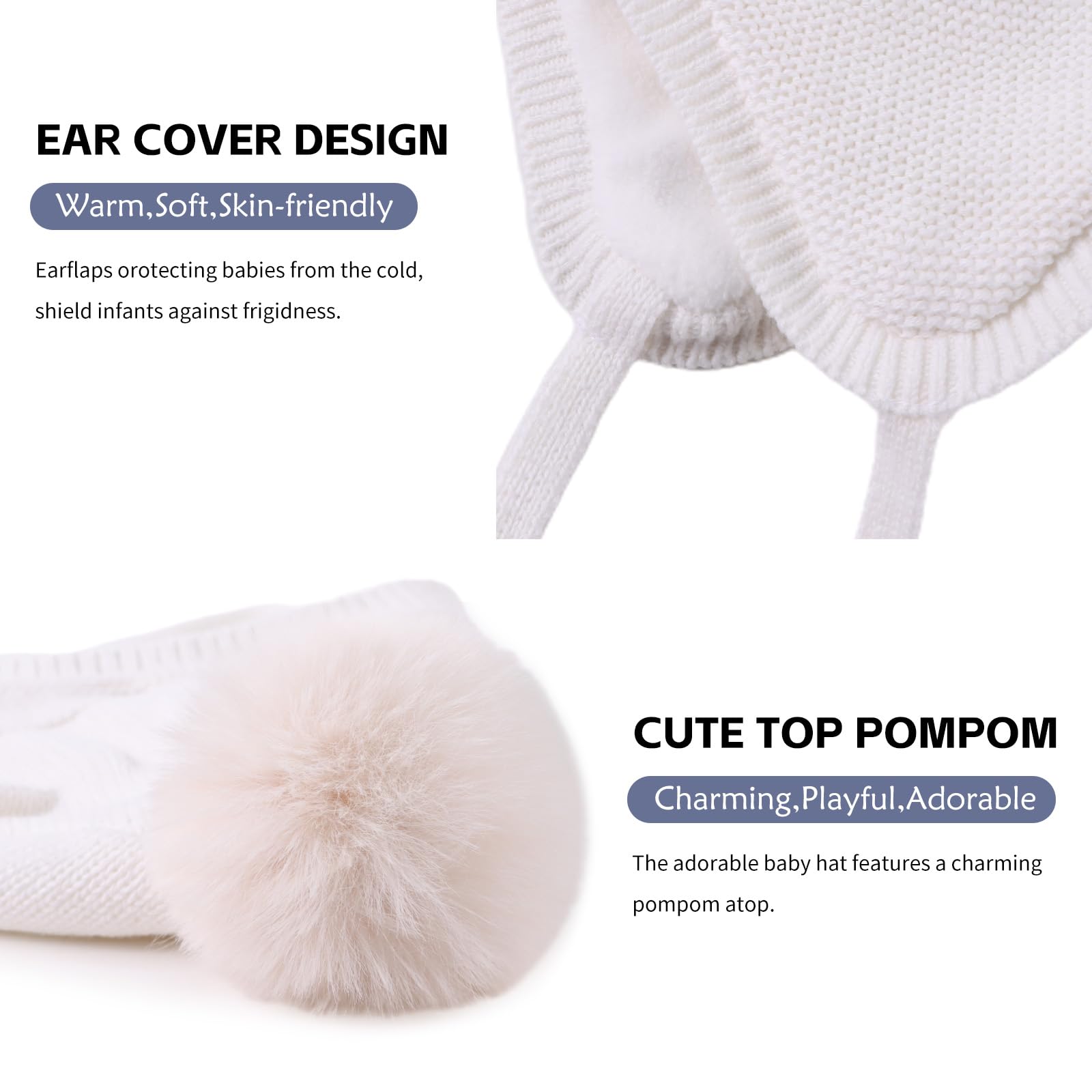Basic Winter Baby Beanie Gloves Boys Girls Knitted Hat Pompom Kids Earflap Hats Warm Infant Toddler Beanie Mittens Set(White(Hat+Gloves),S)