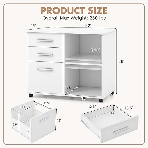 Giantex 3-Drawer File Cabinet for Office - Home Mobile Lateral Filing Cabinet with Hanging Bars, Open Storage Shelves, 5 Universal Wheels, Printer Stand for Letter Size Storage Cabinet (White)