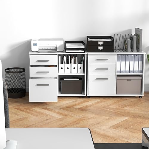 Giantex 3-Drawer File Cabinet for Office - Home Mobile Lateral Filing Cabinet with Hanging Bars, Open Storage Shelves, 5 Universal Wheels, Printer Stand for Letter Size Storage Cabinet (White)