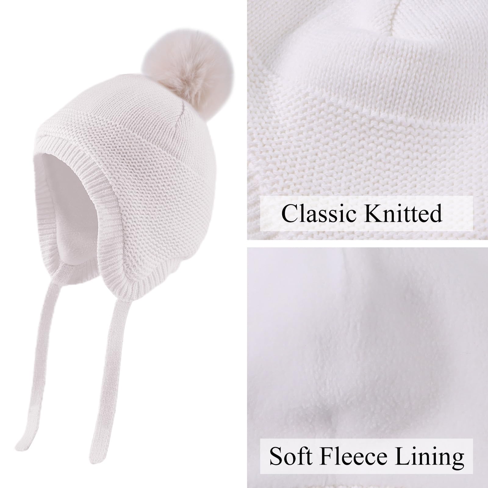 Basic Winter Baby Beanie Gloves Boys Girls Knitted Hat Pompom Kids Earflap Hats Warm Infant Toddler Beanie Mittens Set(White(Hat+Gloves),S)