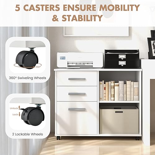 Giantex 3-Drawer File Cabinet for Office - Home Mobile Lateral Filing Cabinet with Hanging Bars, Open Storage Shelves, 5 Universal Wheels, Printer Stand for Letter Size Storage Cabinet (White)