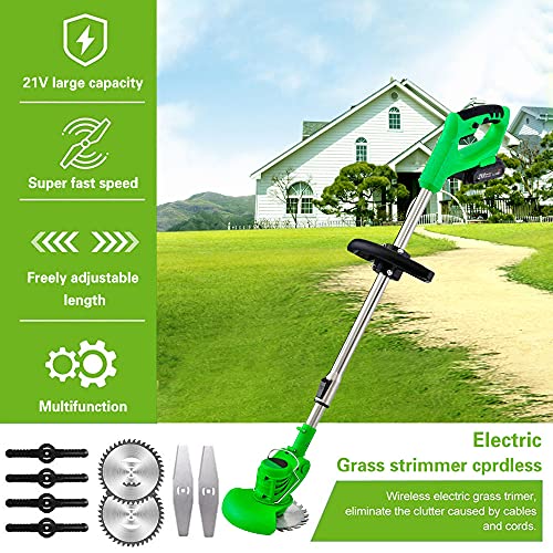 21V Cordless String Trimmer Grass Trimmer Garden Edger Tool for Lawn Trimming, Lawn Care, with 2 Li-ion Battery and Charger,Green
