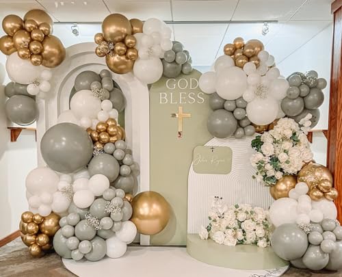 Retro Gray Gold Baptism Balloon Garland, 143pcs Fog Gray White Chrome Gold Balloons for Baptism Boho Birthday Baby Shower Party Decorations Bridal Shower Wedding Party Supplies (Retro Gray)