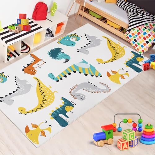 Kids Dinosaur Area Rug, Educational Playmats for Playroom Classroom, Colorful Non-Slip Carpets for Bedroom Dining Room Office, Boys Girls, 3x5
