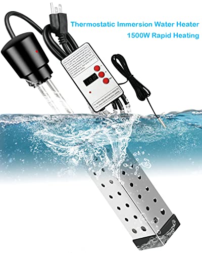 1500W Immersion Water Heater, Pool Water Heater Above Ground with Stainless Steel Guard Cover and Digital LCD Thermometer for Bathtub, Garden, Backyard